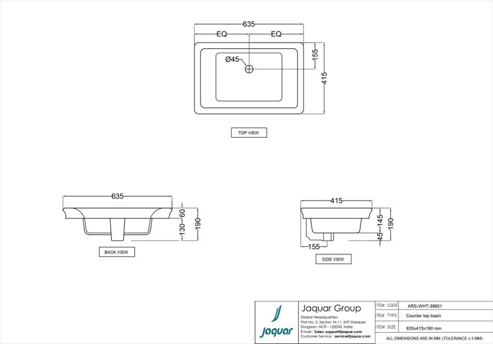 Jaquar Sanitaryware, Aria, WASH BASIN WITH FULL PEDESTAL : ARS-WHT ...
